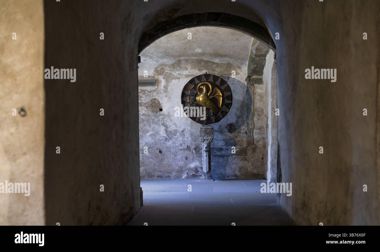 Interior photograph, historic Romanesque St John's disc, gold disc with ...