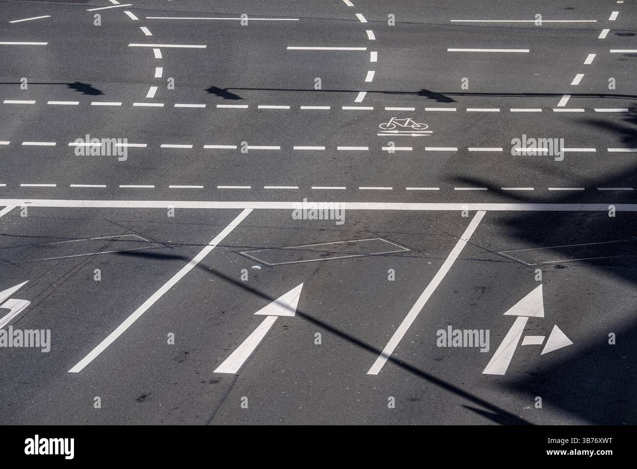 Markings at a multi-lane road junction, lanes for turners, pedestrians ...