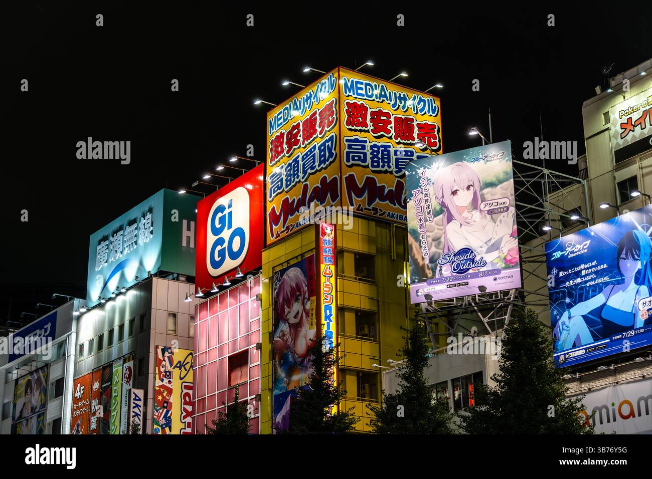 Tokyo, Japan - August 6, 2024: Bright, colorful billboards light up the night in Akihabara ...