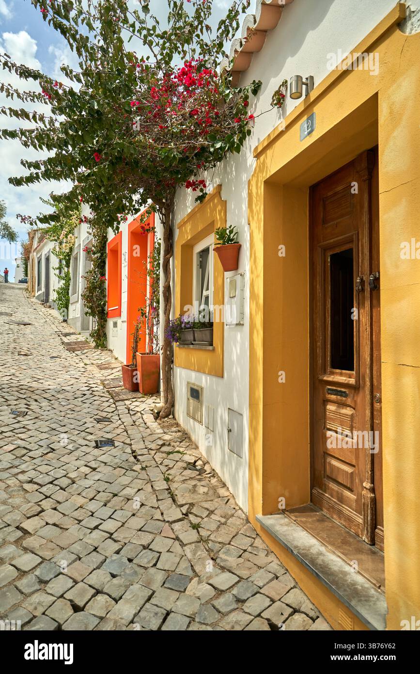 Typical colourfully painted traditional houses in the cobbled side ...