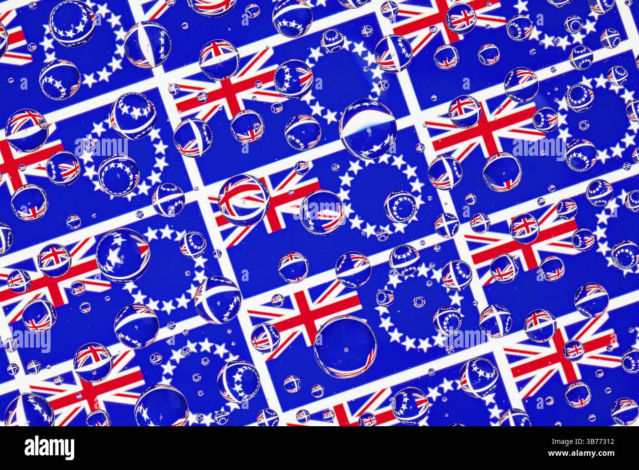 Flags of Cook Islands, behind a glass covered with rain drops.Pattern ...