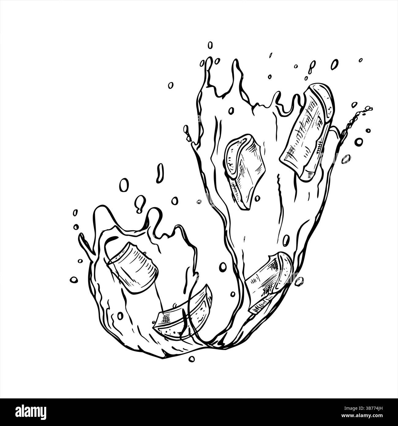 Vector monochrome flowing water splash with droplets and freshly cut ...