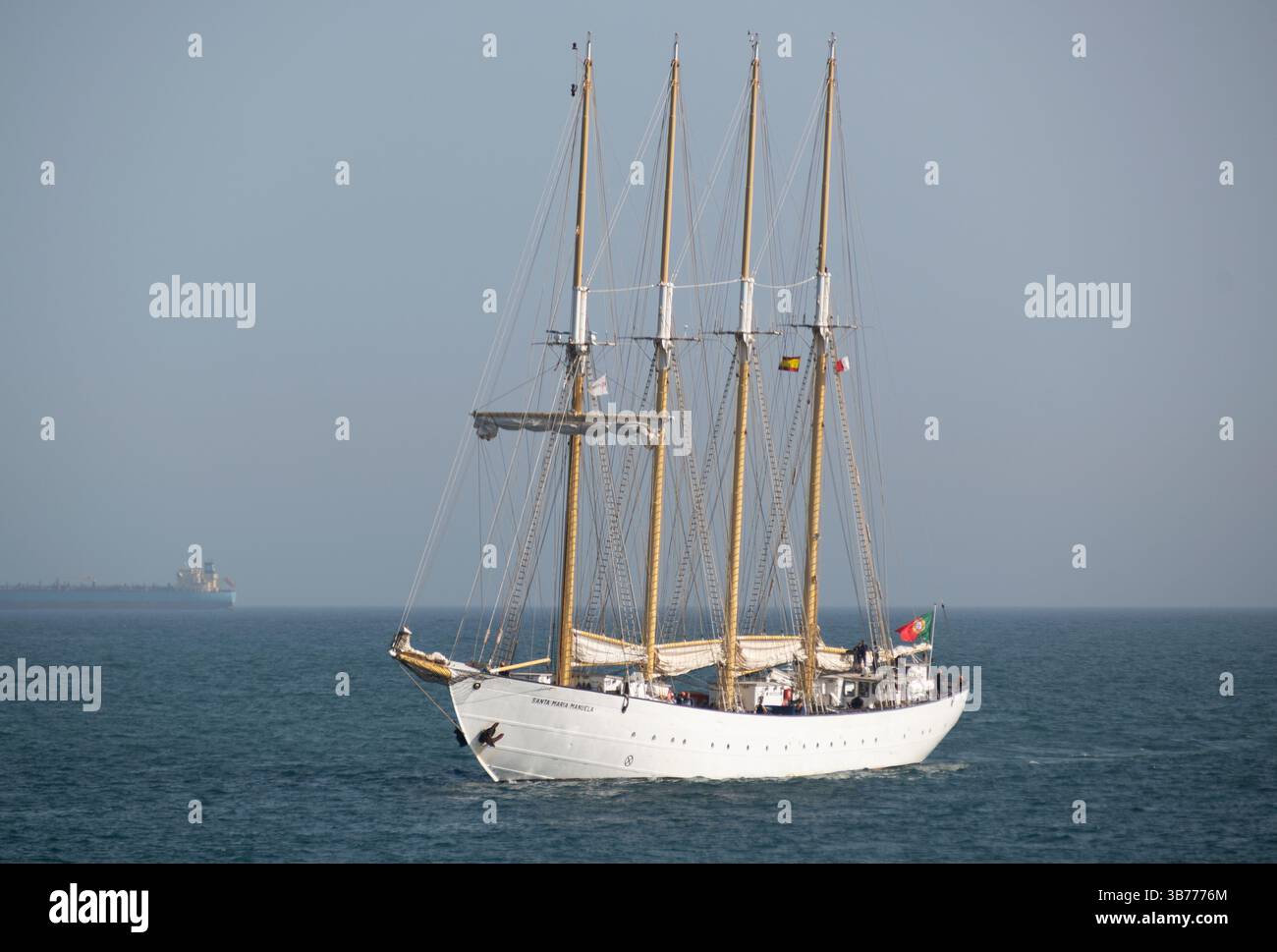 Portuguese sailboat Santa Maria Manuela entering the port of Barcelona ...