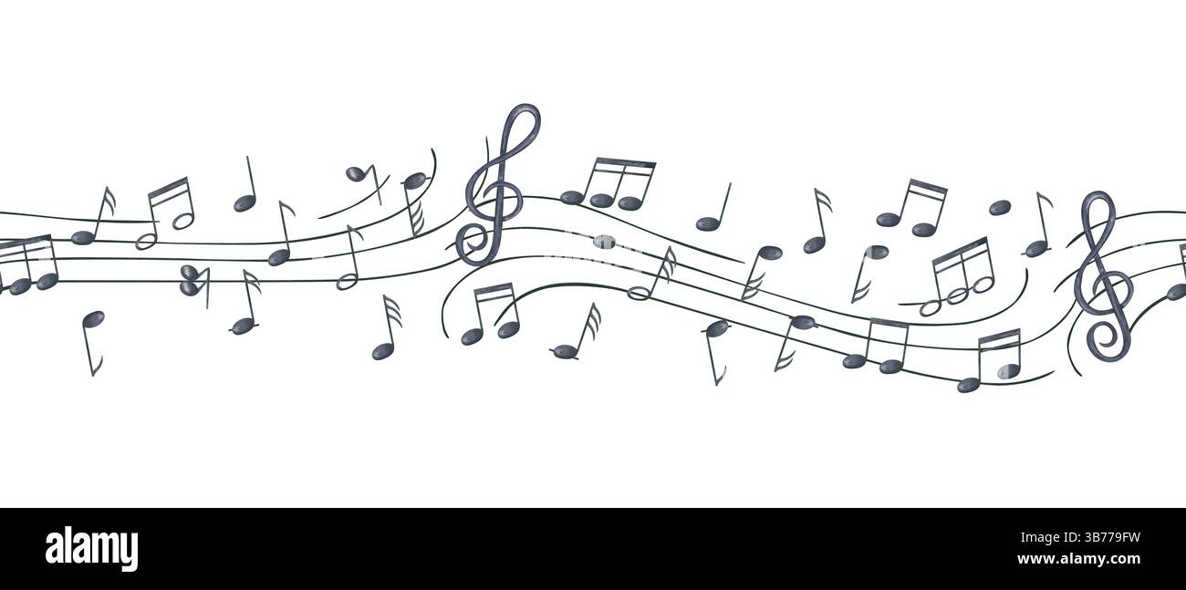 Black musical notes on staff watercolor seamless banner isolated ...
