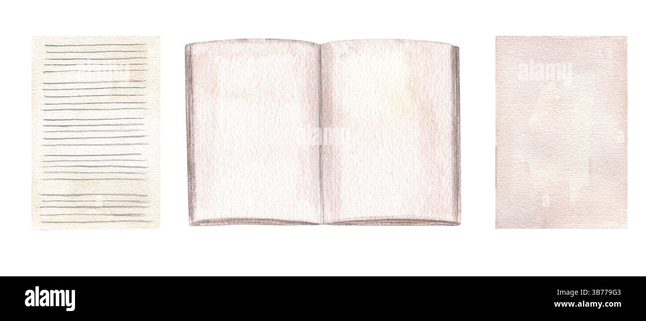 Open blank book with lined pages and loose paper sheets watercolor ...
