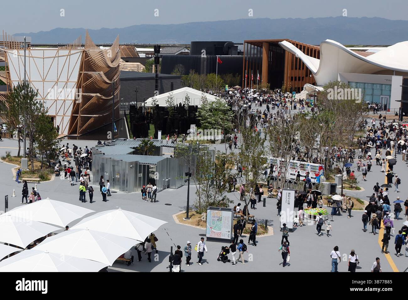 Osaka, Japan. 05th May, 2025. National pavilions line the vibrant ...