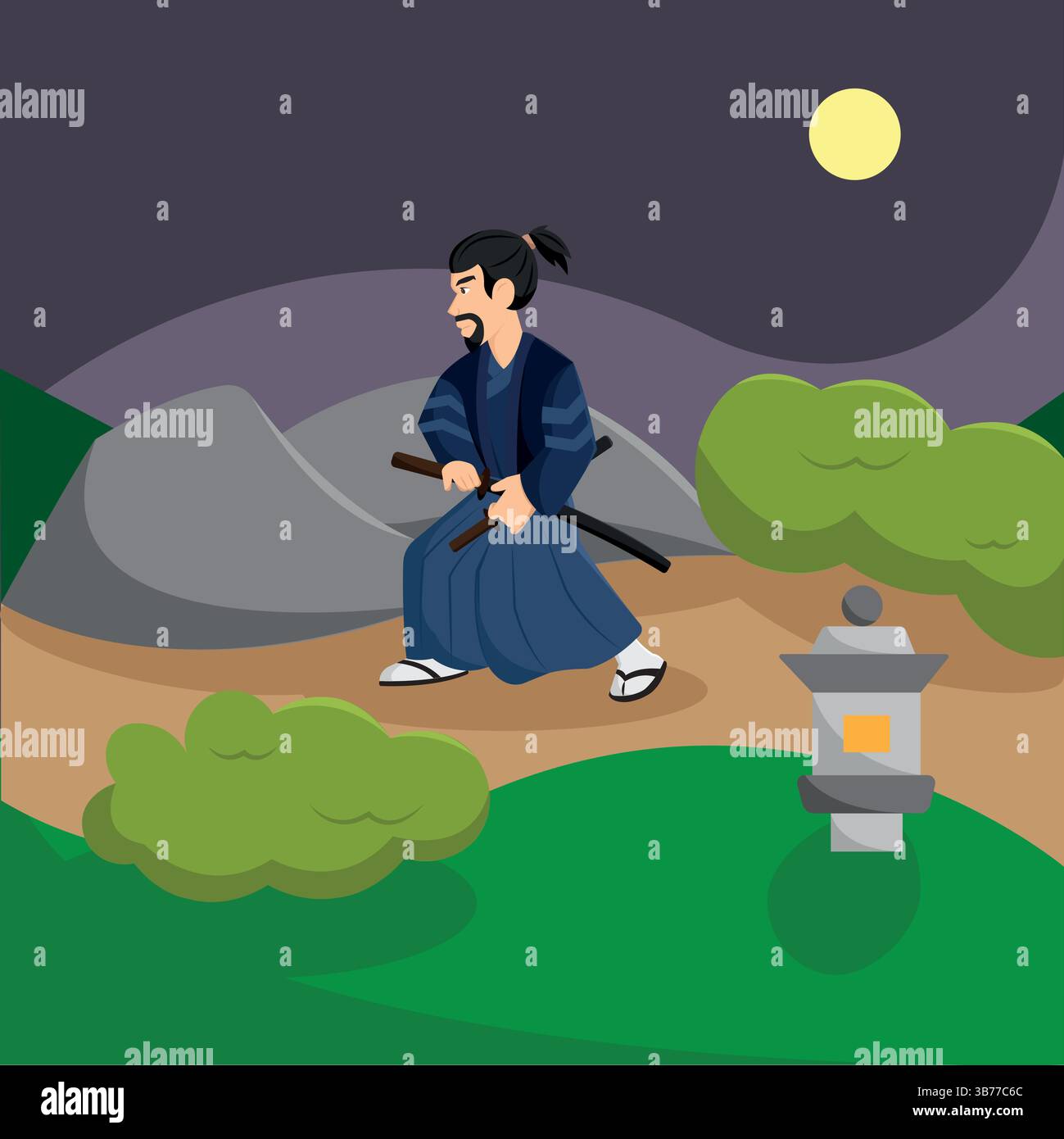 Samurai warrior night walk. Vector illustration Stock Vector Image ...