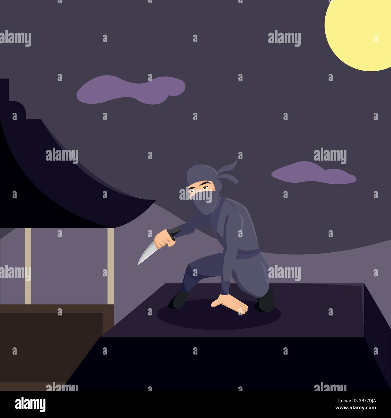 Ninja crouching rooftop. Vector illustration Stock Vector Image & Art ...