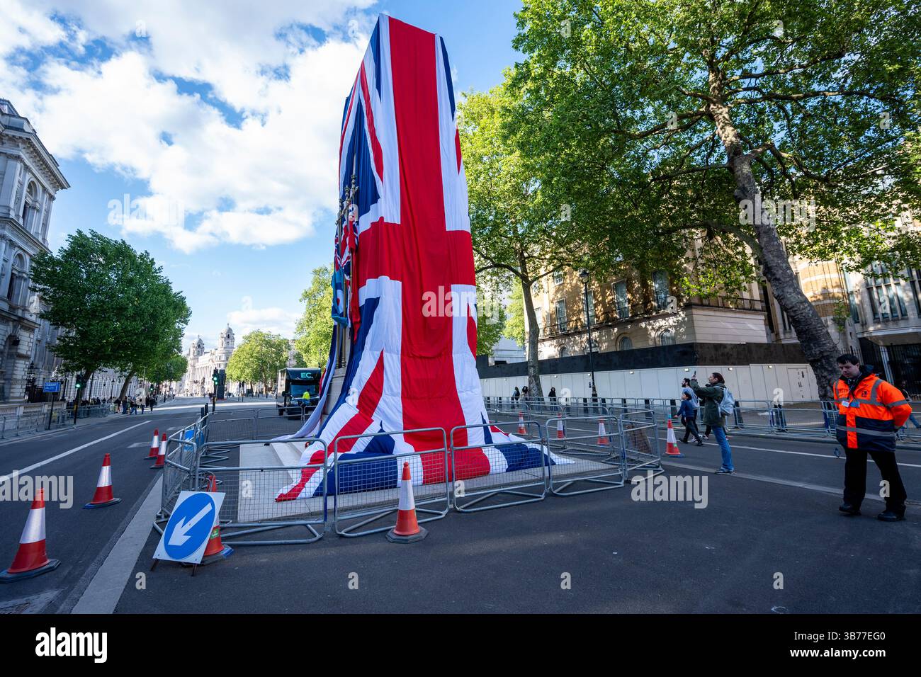 London, UK. 5 May 2025. The Cenotaph in Whitehall is draped in Union ...