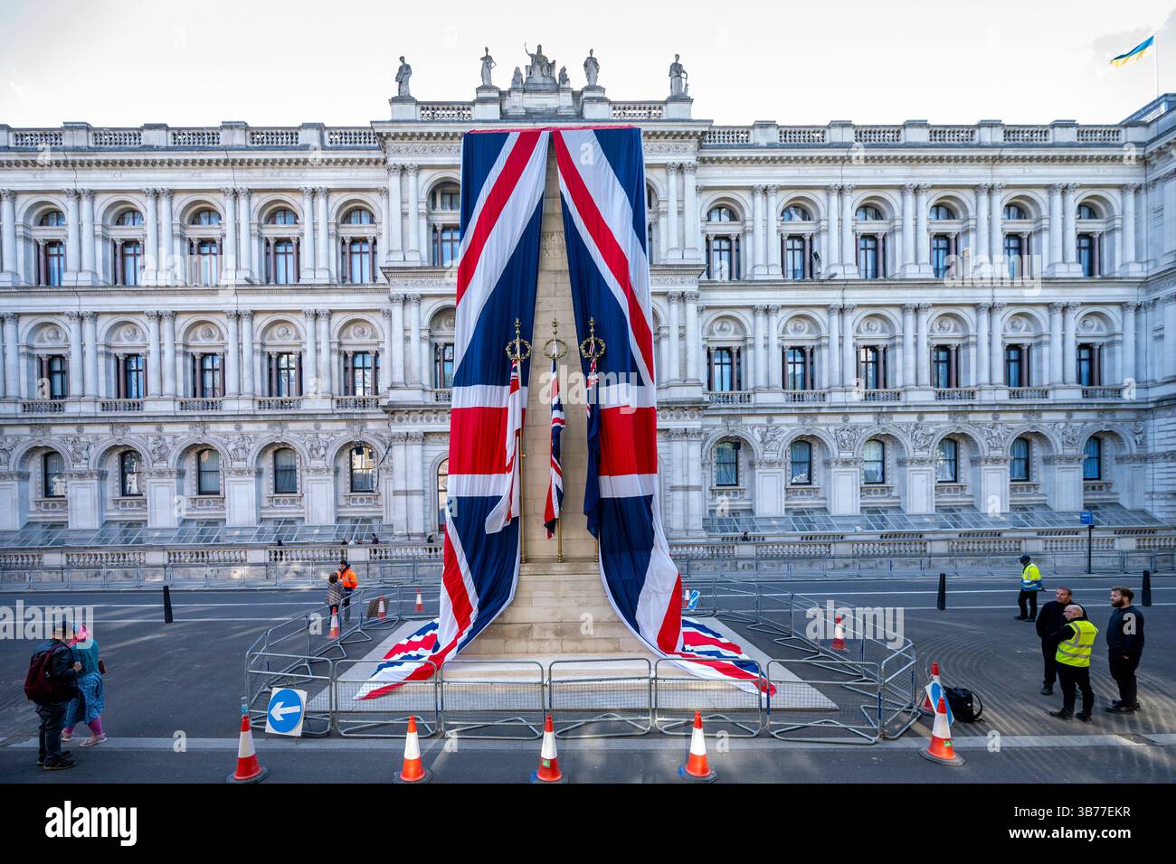 London, UK. 5 May 2025. The Cenotaph in Whitehall is draped in Union ...