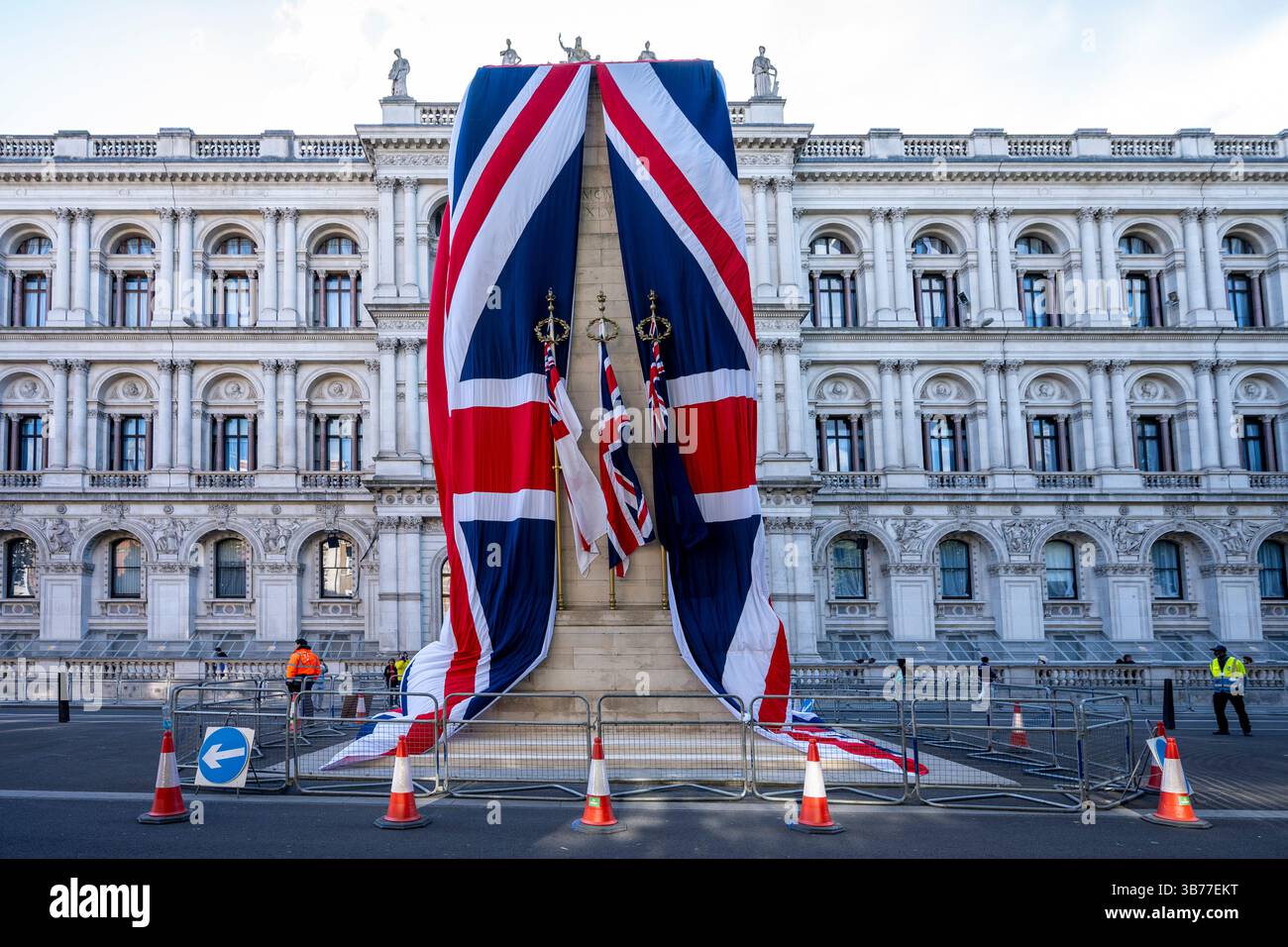 London, UK. 5 May 2025. The Cenotaph in Whitehall is draped in Union ...