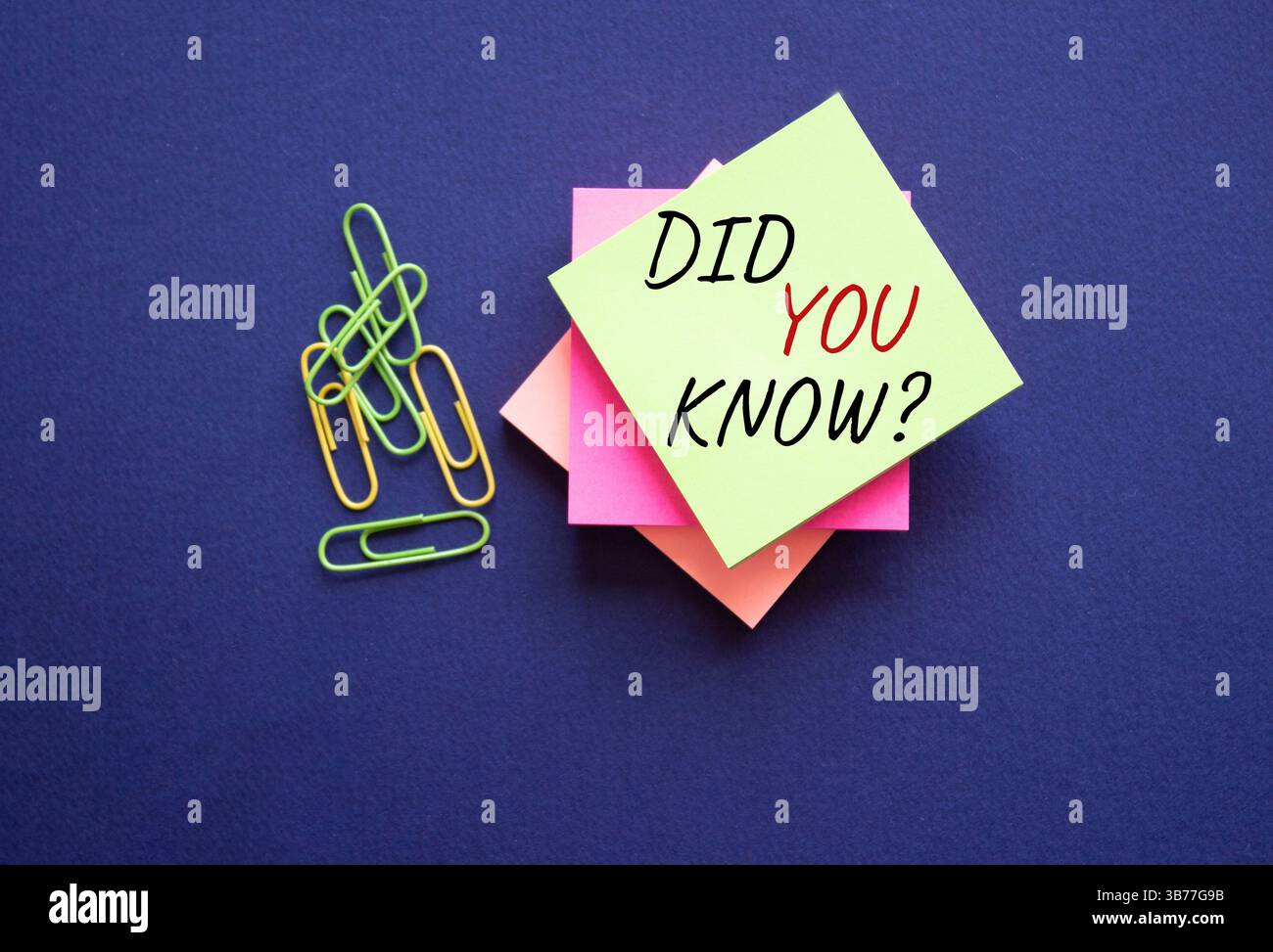 Did you know symbol. Yellow steaky note with paper clips with words Did ...