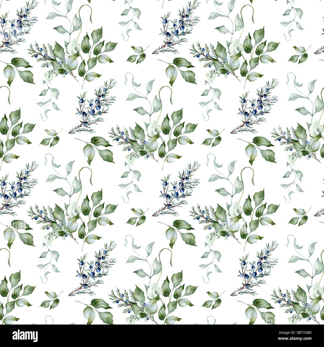 Botanical seamless pattern of watercolor greenery with holly, juniper ...