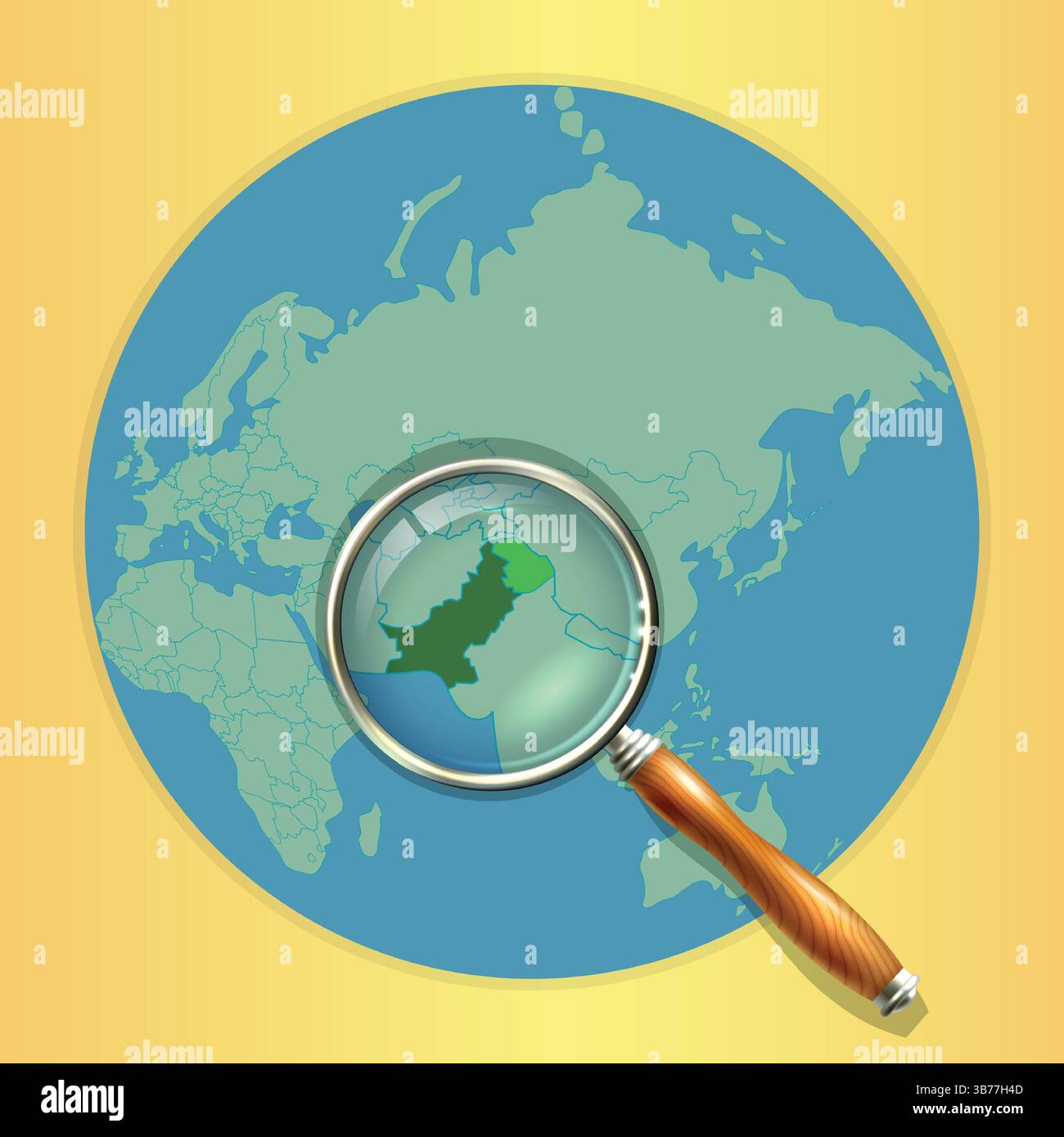 Map of the world with a magnifying glass on a map of Pakistan. Detailed map of and neighboring ...