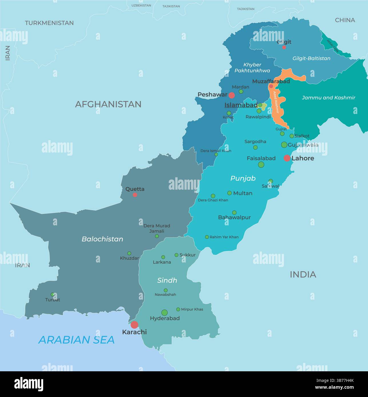 Pakistan vector map with province names, city names, and different ...