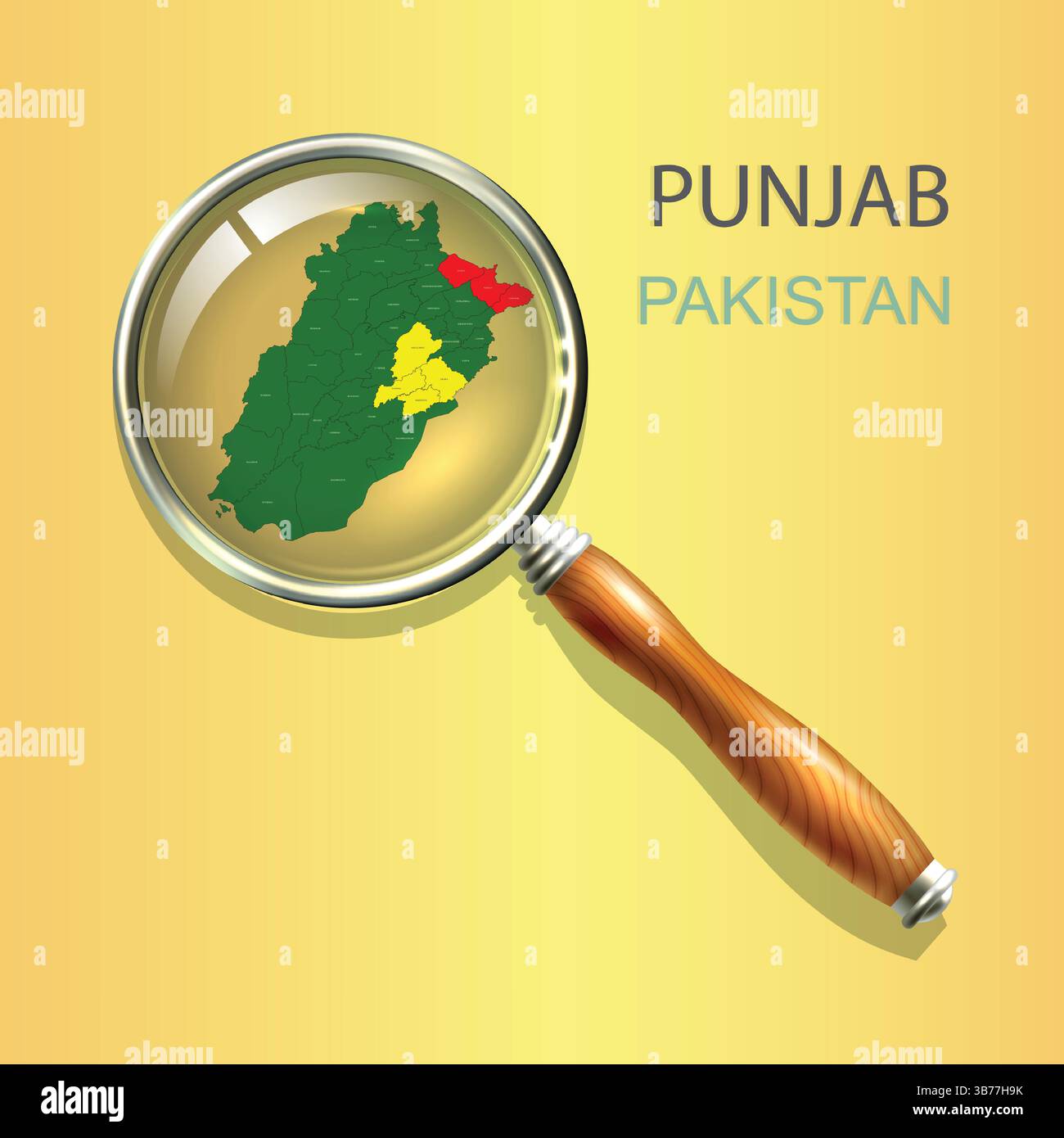 Magnifier with a map of Punjab on an abstract topographic background ...