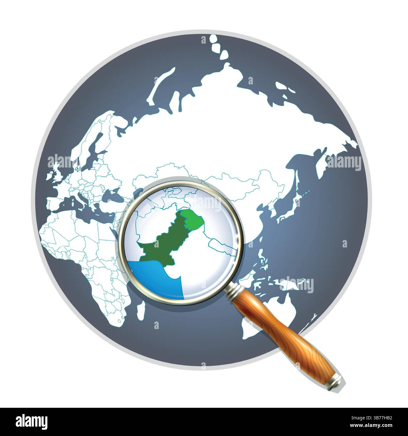 Map of the world with a magnifying glass on a map of Pakistan. Detailed map of Pakistan and ...