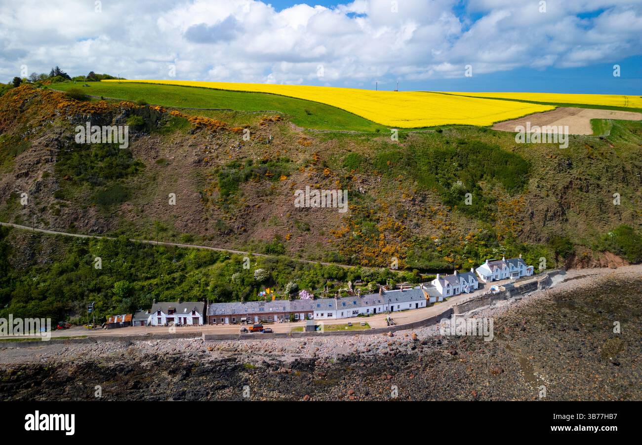 Aerial view of row of houses at base of cliffs in village of Burnmouth ...