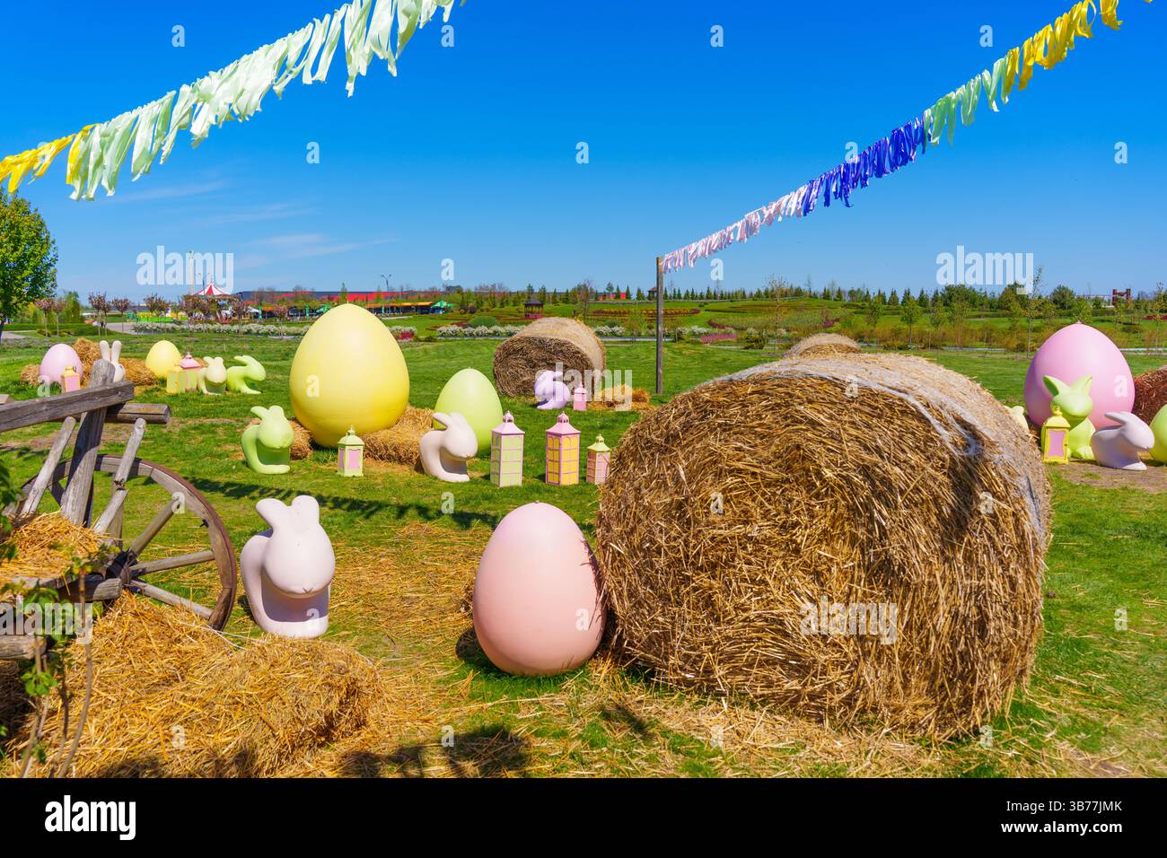 Vibrant Easter setting featuring large pastel-colored eggs and ...