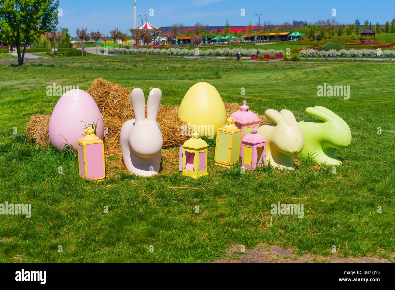 Vibrant display of Easter-themed decorations featuring pastel-colored ...