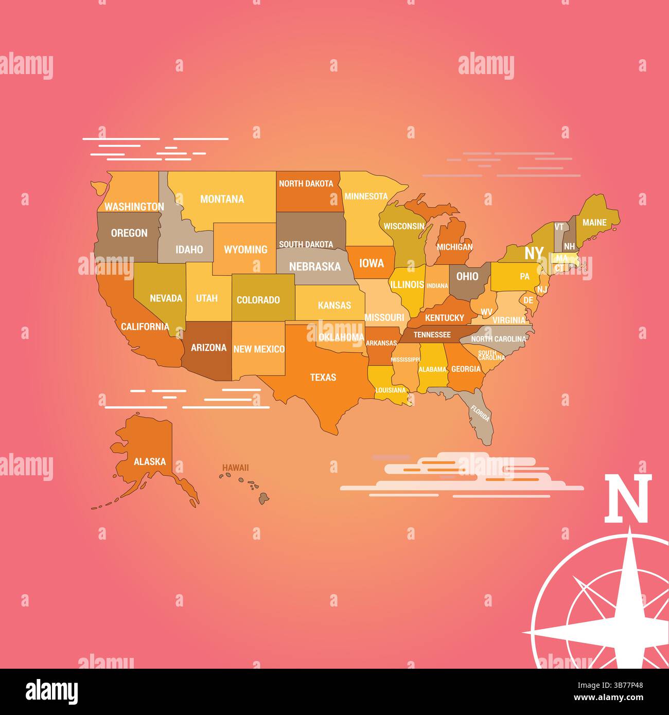 American Map Unique Color, All States, Reddish Background, Illustration ...