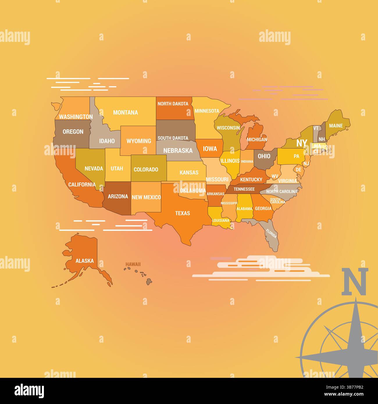 American Map Unique Color, All States, Yellow Background, Illustration ...