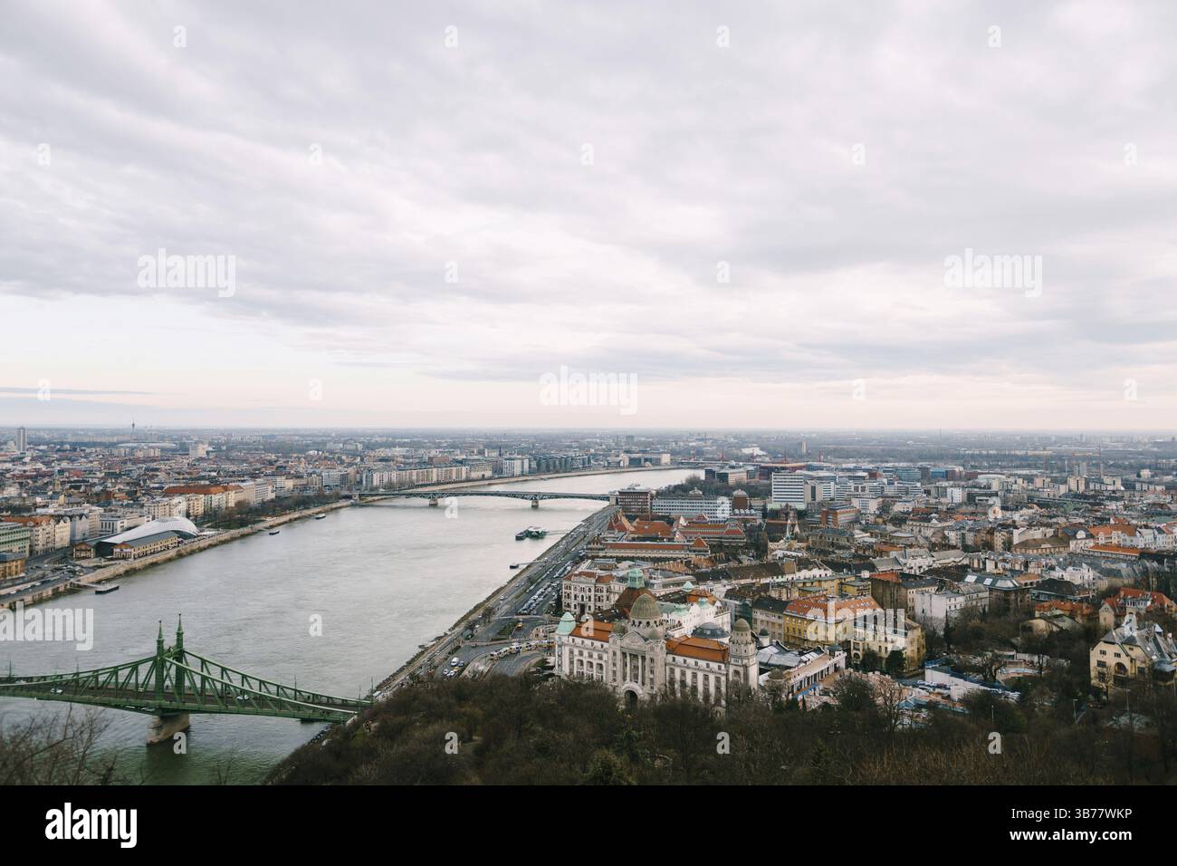 Aerial view of old buildings and bridges on the waterfront in Budapest ...