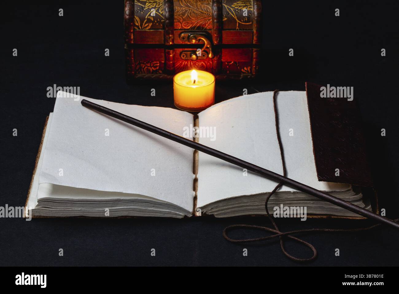 Image of open magic book and wand on the table in the dark room Stock ...