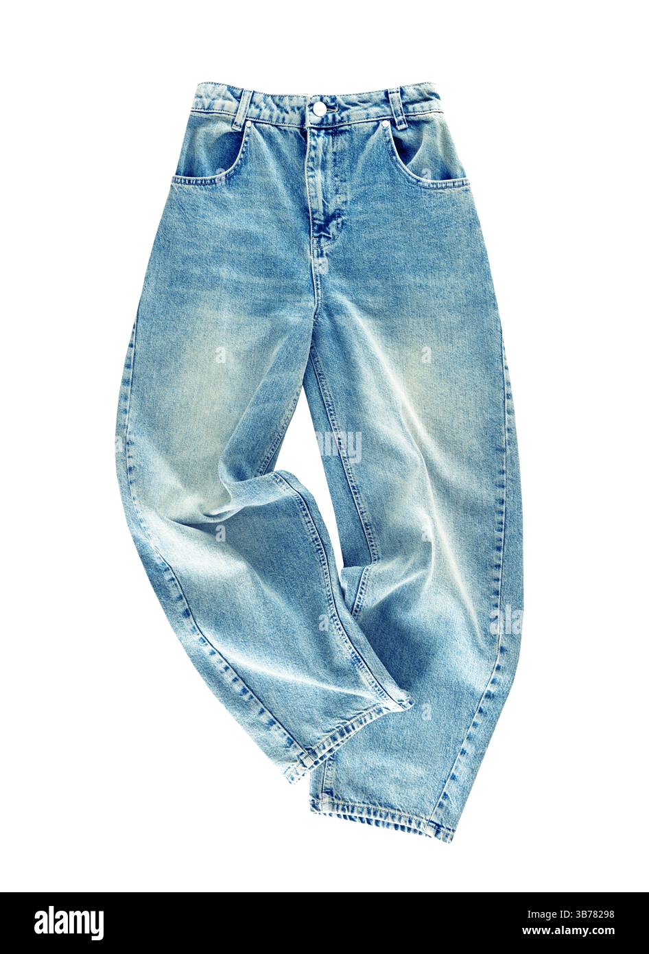 Blue trendy wide leg jeans crumpled isolated on white.Denim trousers ...