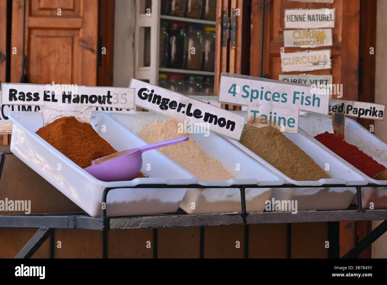 Different moroccan spices sold in a shop inside the medina in Marrakech ...