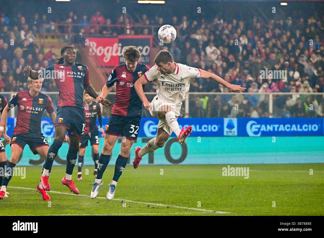 Genova, Italia. 05th May, 2025. GenoaÕs Morten Frendrup jumps for the ...