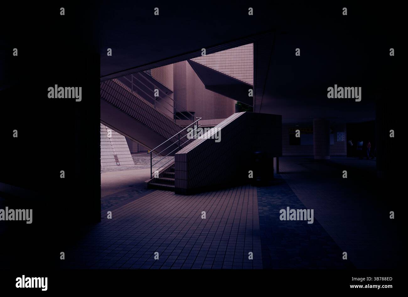 Shadow and light carve angular pathways through the tiled underpass of ...