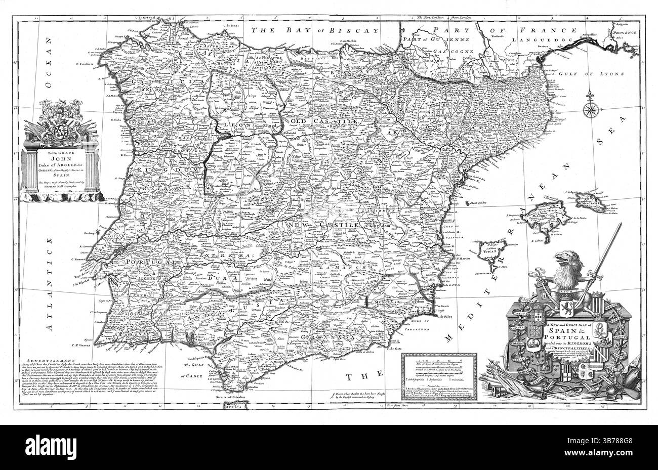 Historic map of Spain and Portugal, 1711, antique European cartography ...