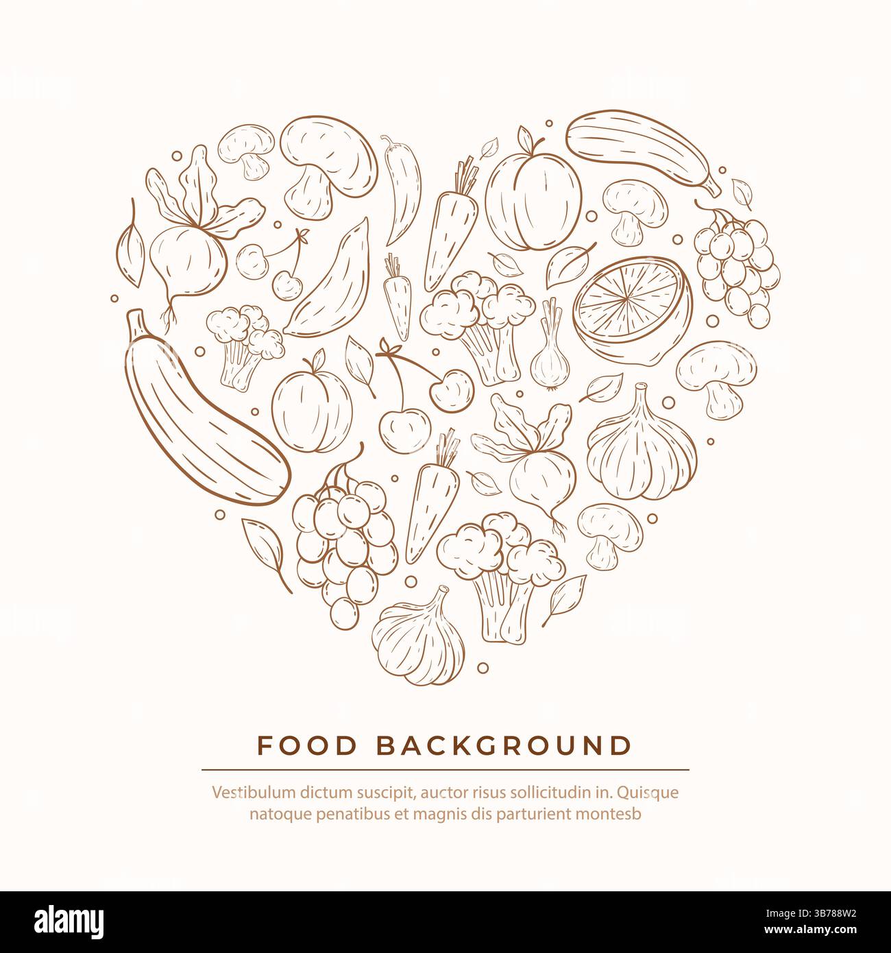 Healthy food concept with outline vegetables and fruit in shape of a ...