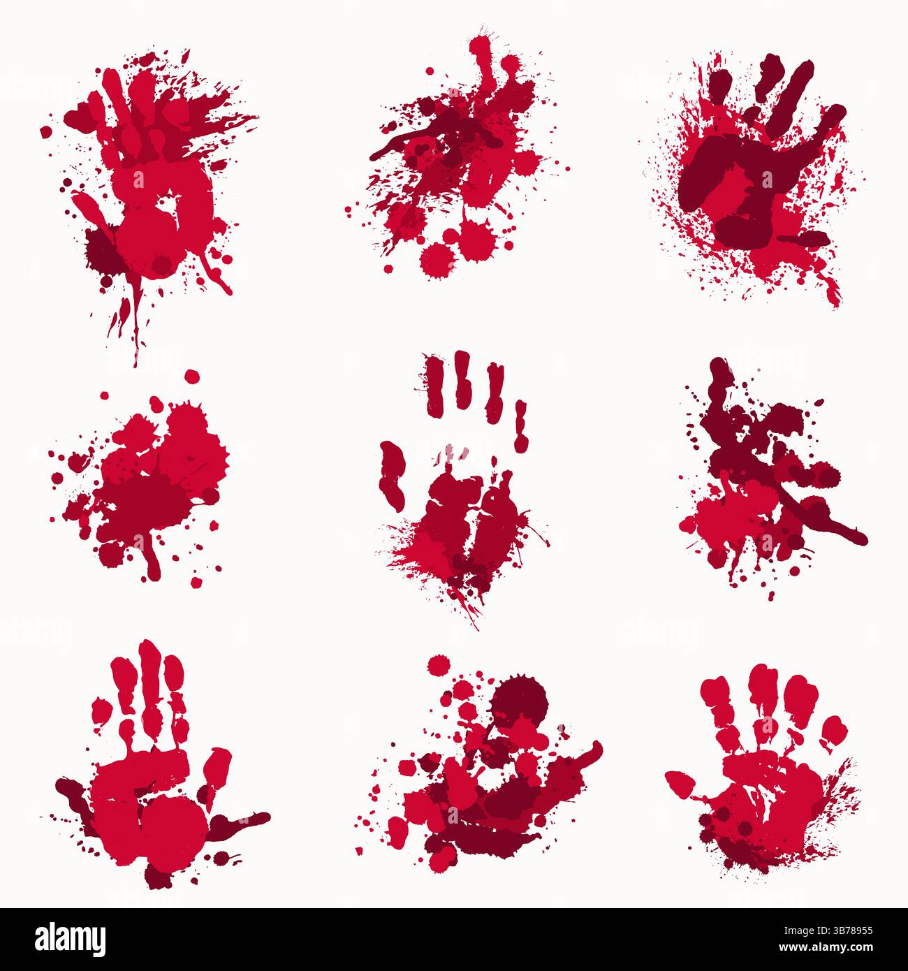 Bloody handprints set with blood drops stains and spatters on white ...