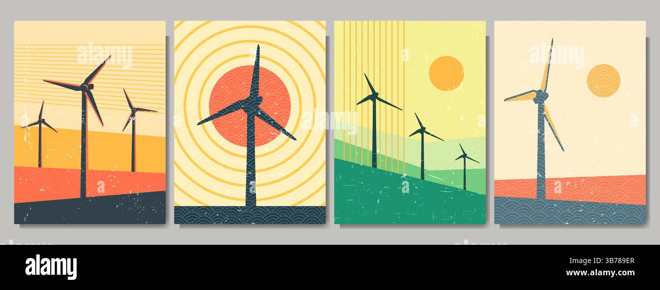 Vector illustration. Stylized wind energy posters with turbines in ...