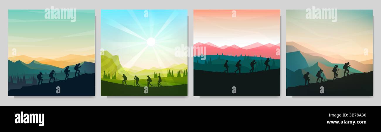 Vector illustration. Set of backgrounds with a group of hikers climbing ...