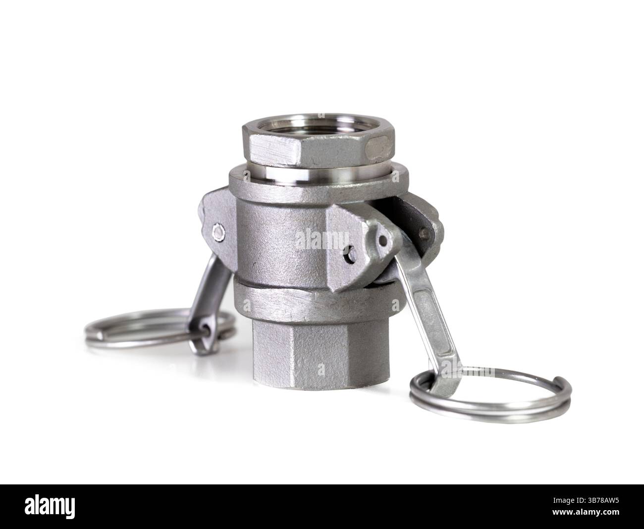 Stainless steel camlock coupling isolated on white, hose fitting.Cam ...