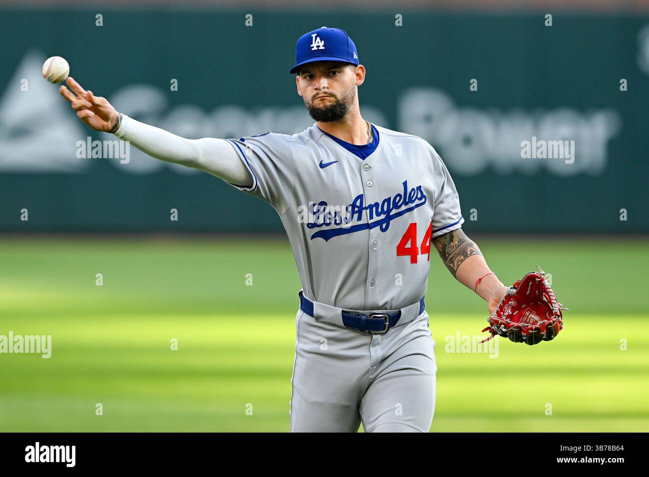 ATLANTA, GA – MAY 04: Los Angeles center fielder Andy Pages (44) warms ...