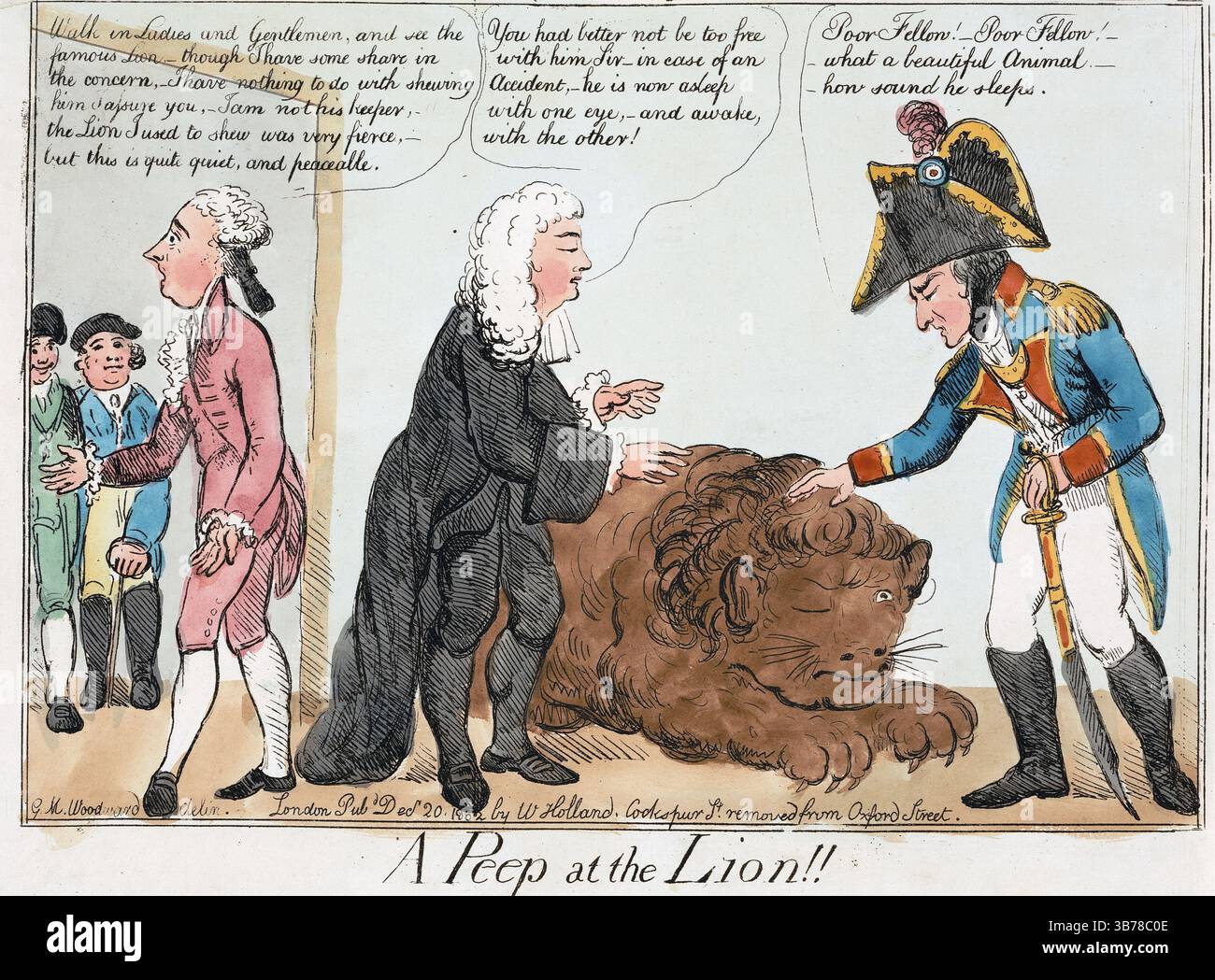 A humorous cartoon print coloured engraving of A peep at the Lion ...