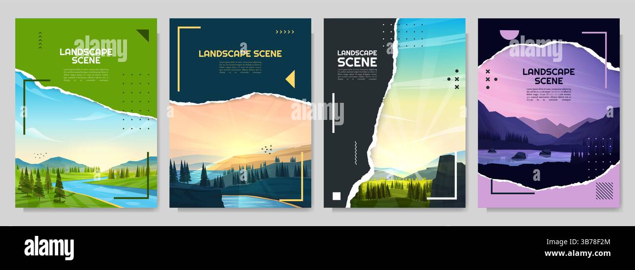Vector brochure cards set of landscape. Nature scene of water lake by ...
