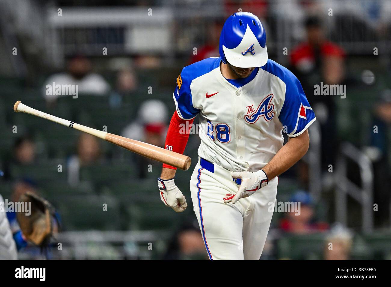 ATLANTA, GA – MAY 03: Atlanta first baseman Matt Olson (28) flips his ...