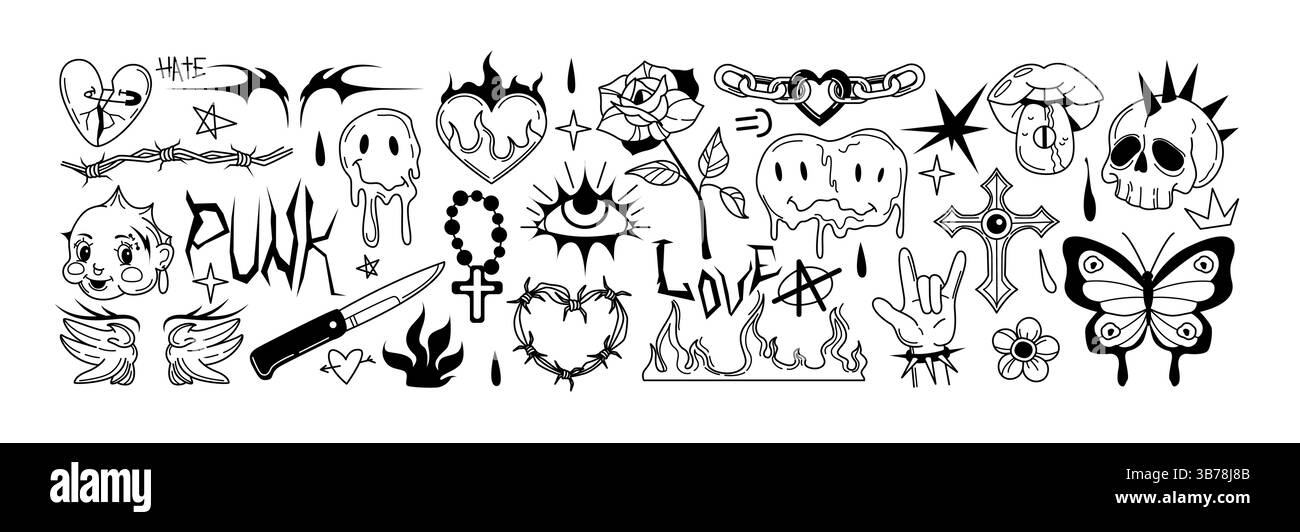 Y2k tattoo art stickers in graffiti doodle style. Hand drawn black goth ...