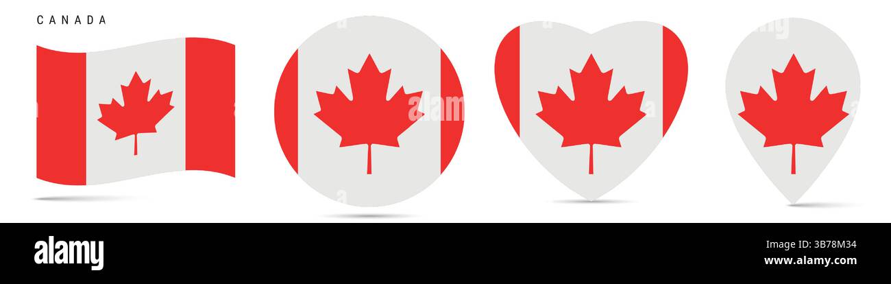 Canada waving flag, round circle sticker badge, heart shaped icon, map pin. Canadian flag ...