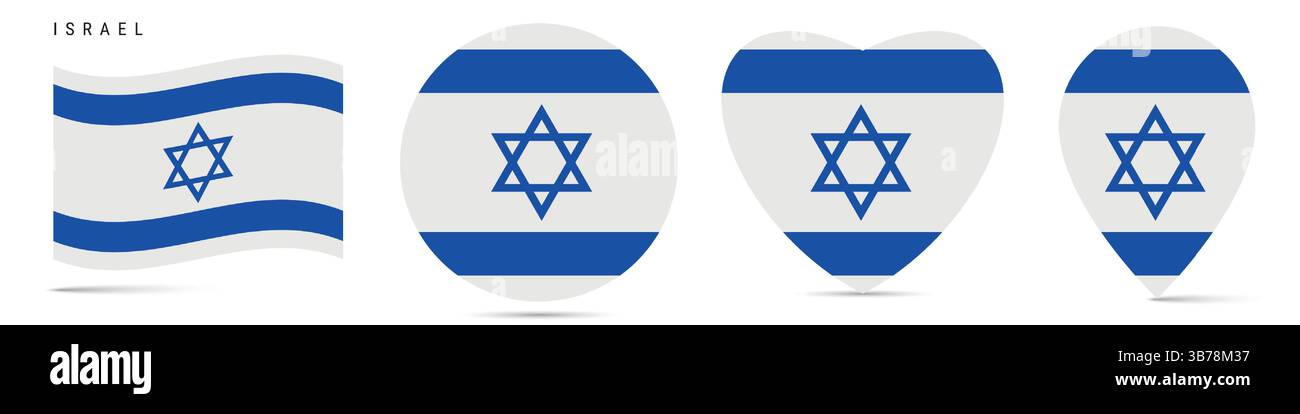Israel waving flag, round circle sticker badge, heart shaped icon, map ...