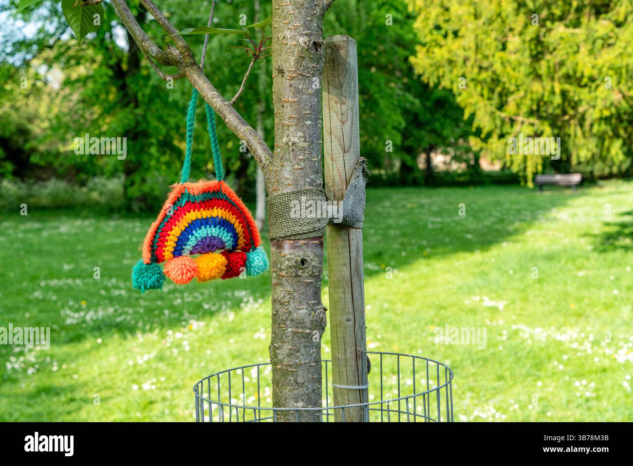 Knitted wool objects hanging in a tree known as yarn bombing Stock ...