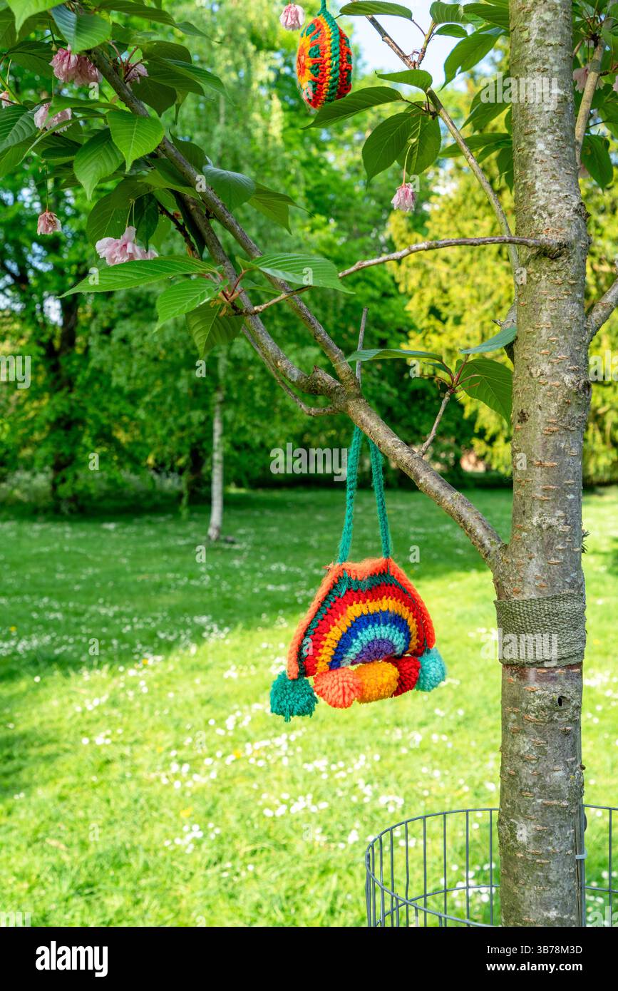 Knitted wool objects hanging in a tree known as yarn bombing Stock ...