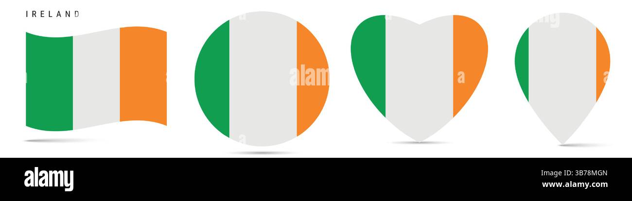Ireland waving flag, round circle sticker badge, heart shaped icon, map ...