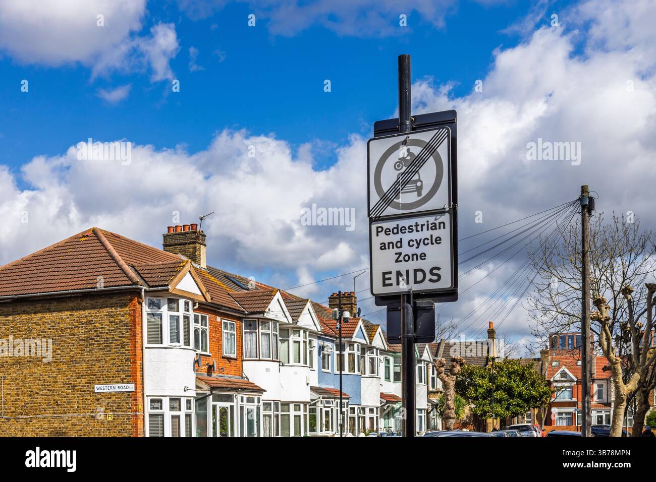 Traffic signs indicating pedestrian and cycle zone ends. London, UK, 24 ...