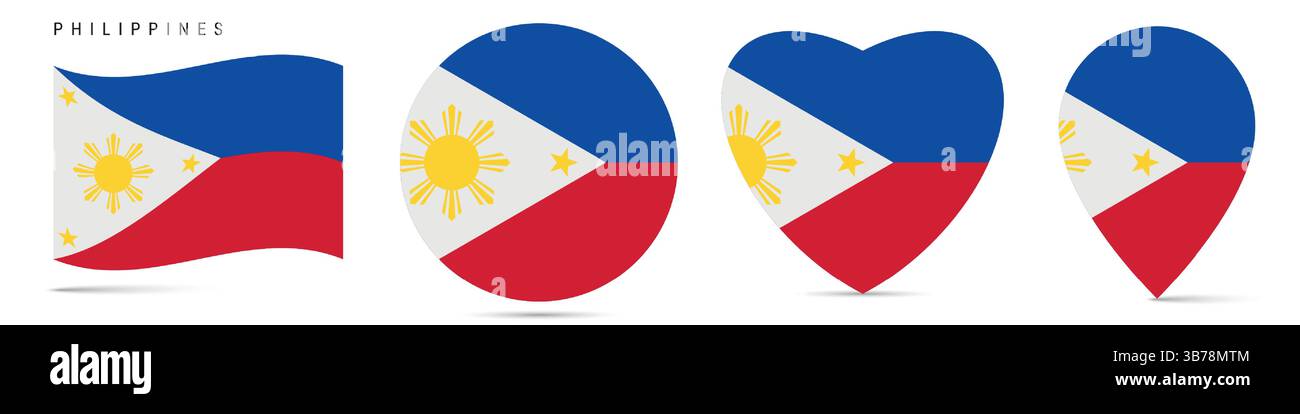 Philippines waving flag, round circle sticker badge, heart shaped icon, map pin. Philippine flag ...
